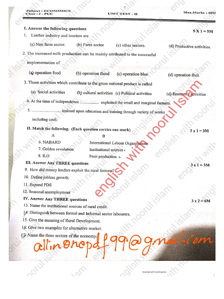 1st Puc Economics Unit Test-2 Dhanush | PDF