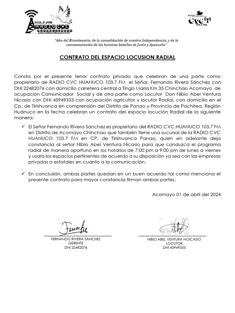 Contrato Del Espacio Locusion Radial | PDF