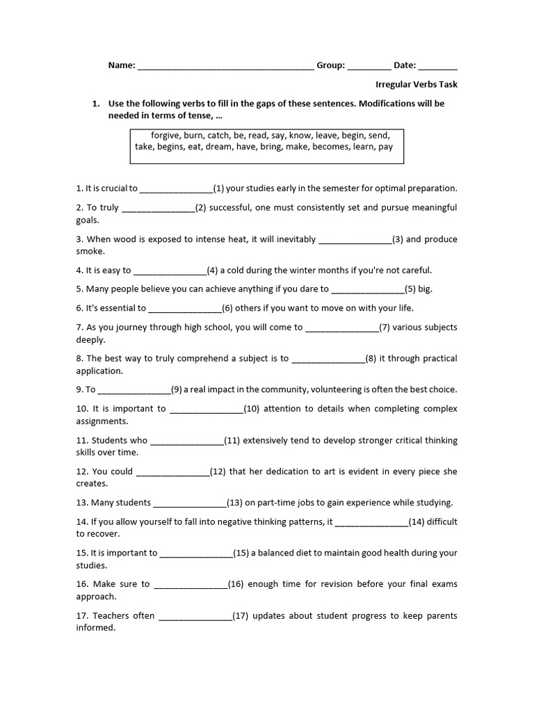 Irregular Verbs Task Viernes 21 Noviembre | PDF | Cognition | Learning