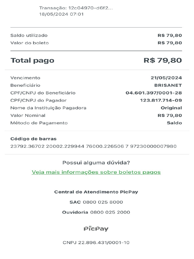 Comprovante - Picpay - Boleto 3 | PDF