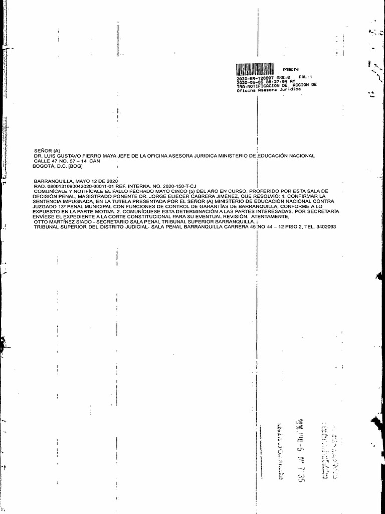 Fallo 2DA Instancia - Tutela 2020-00011 MEN VS J13 Penal MCG Bqlla | PDF