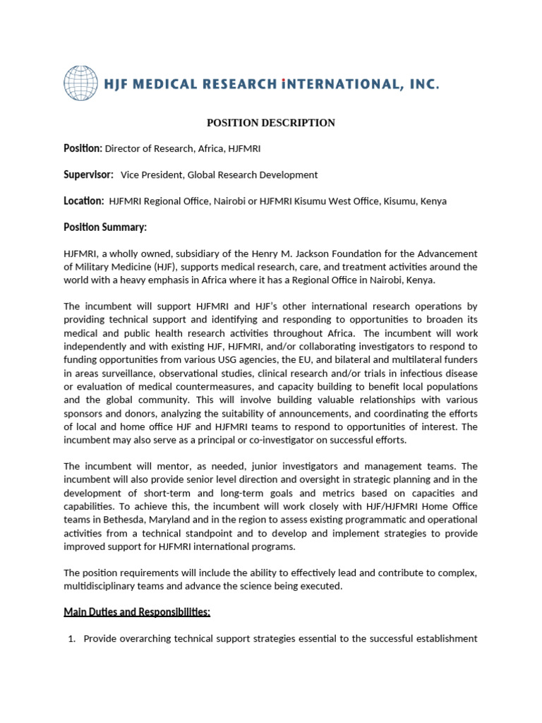 HJFMRI Director of Research Job Description | PDF | Public Health