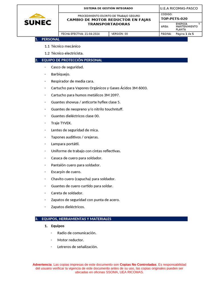 Cms-Pets-020 - Cambio de Motor Reductor en Fajas Transportadoras | PDF ...