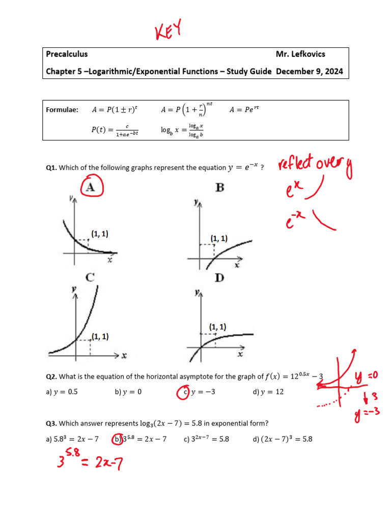 Precalculus Chapter5 ExponentialandLogarithmicFunctions StudyGuide Dec9 2024 KEY | PDF ...
