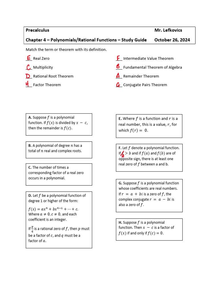 Precalculus Chapter4 Polynomials RationalFunctions StudyGuide Oct28 ...