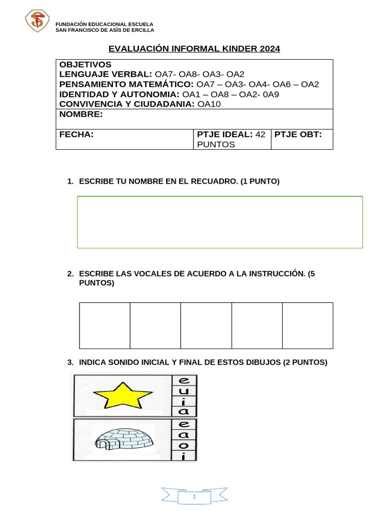Evaluación Informal Kinder 2024 | PDF