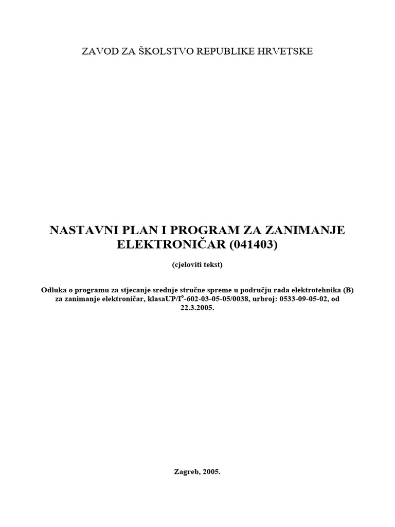 Nastavni Plan I Program Elektroničar | PDF