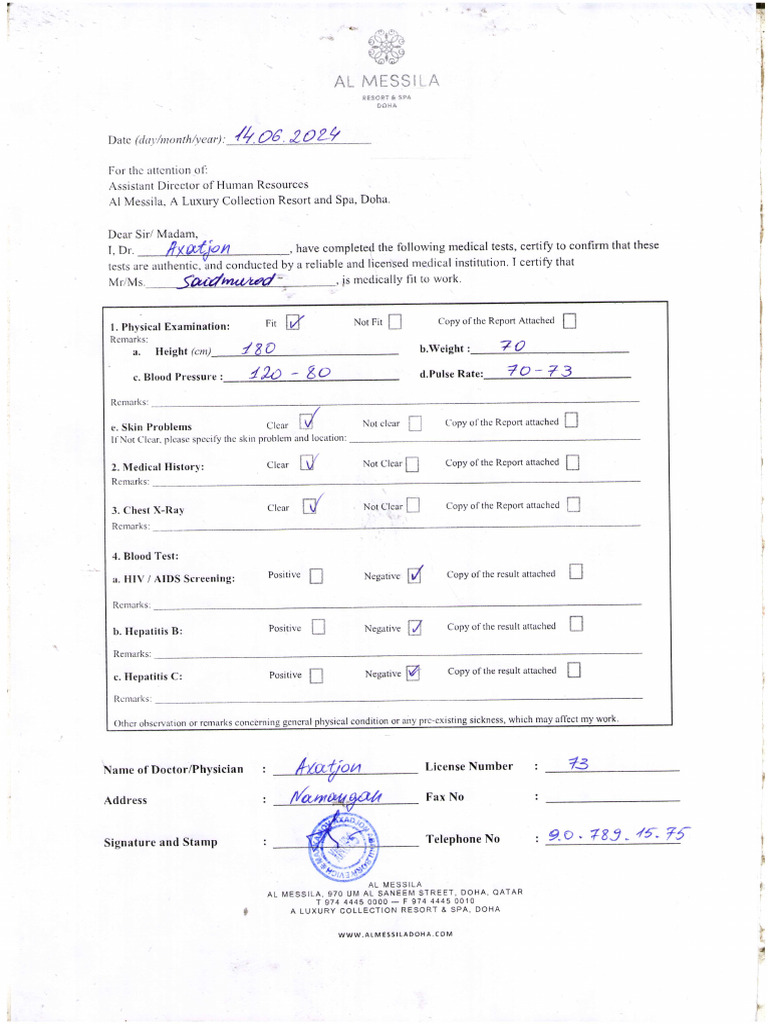 Medical Fitness Form | PDF