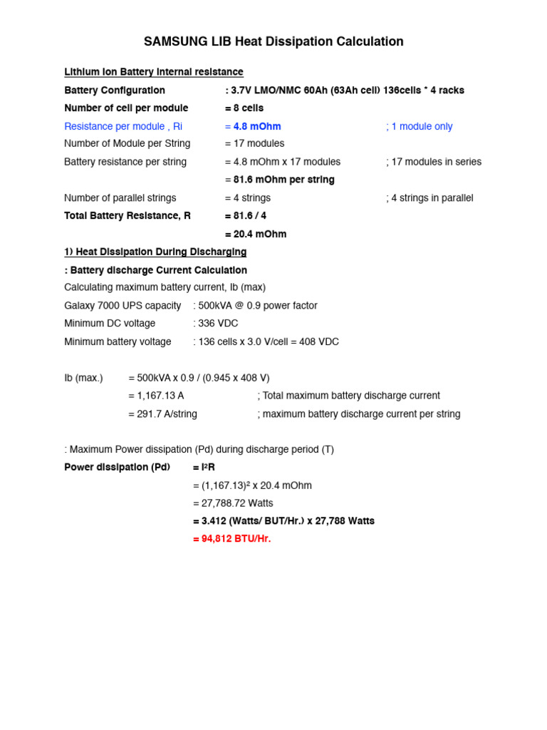 SAMSUNG LIB Heat Dissipation Calculation - Galaxy700 500kVA Rev 1 | PDF