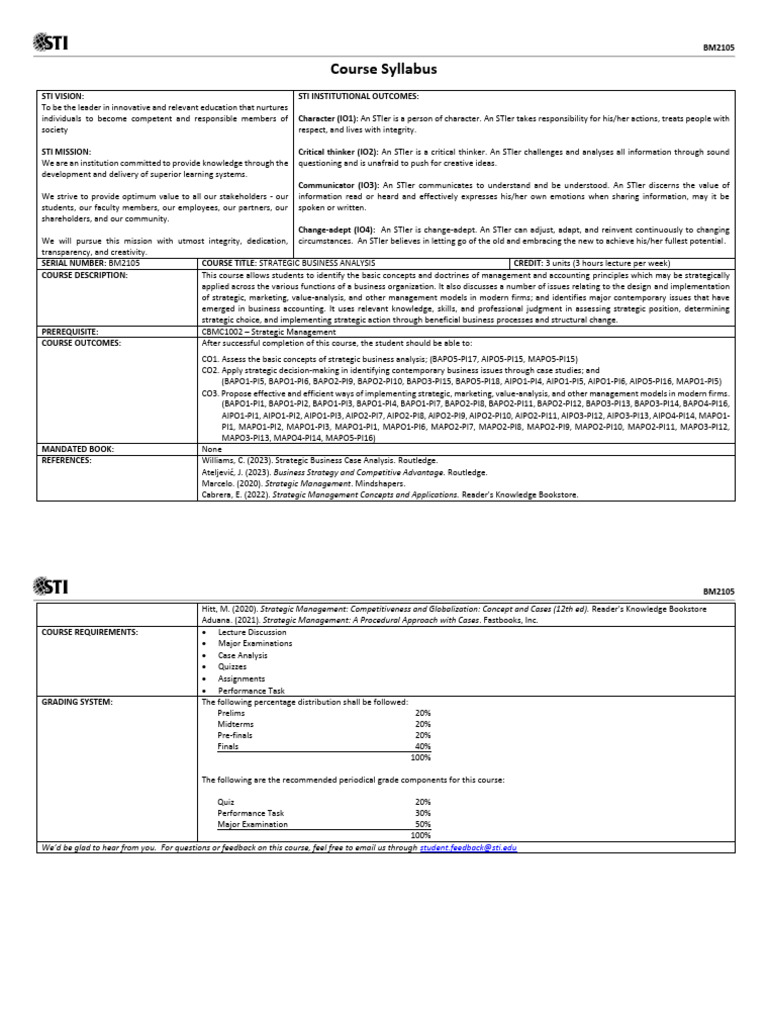 Strategic Business Analysis Syllabus | PDF | Strategic Management ...