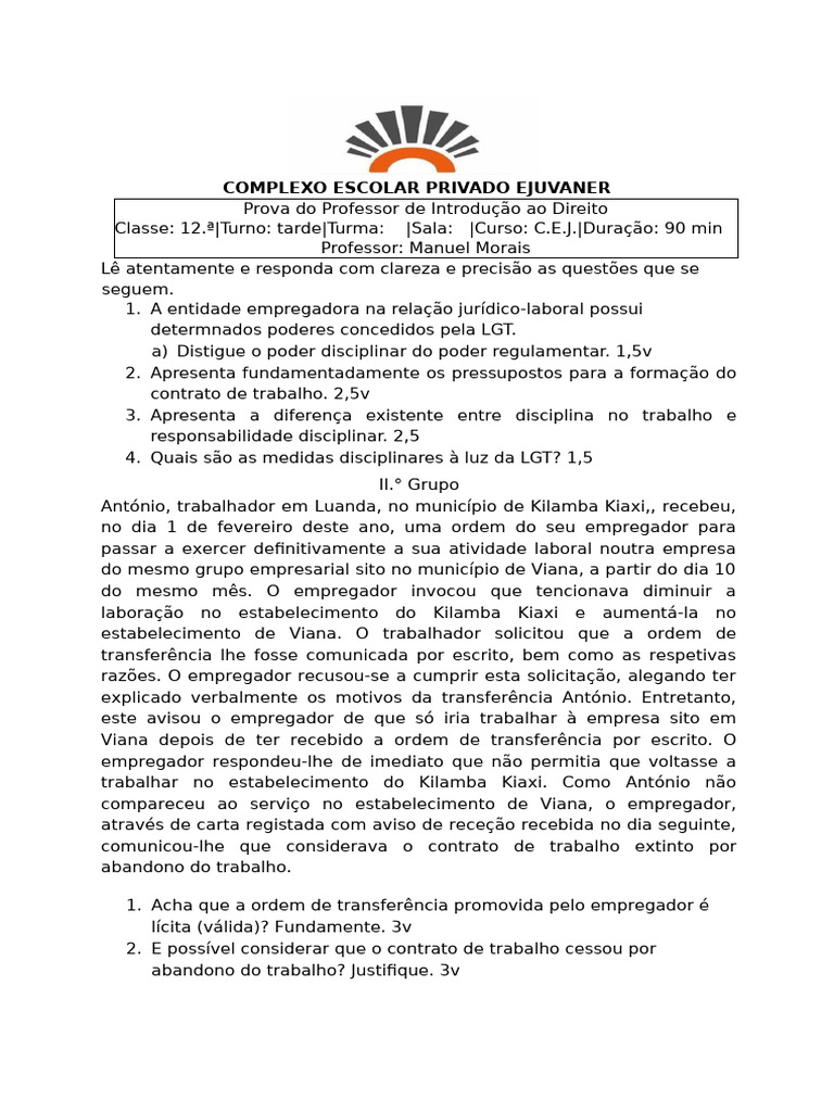 Prova Ah doc de Direito - 12.ª classe | PDF