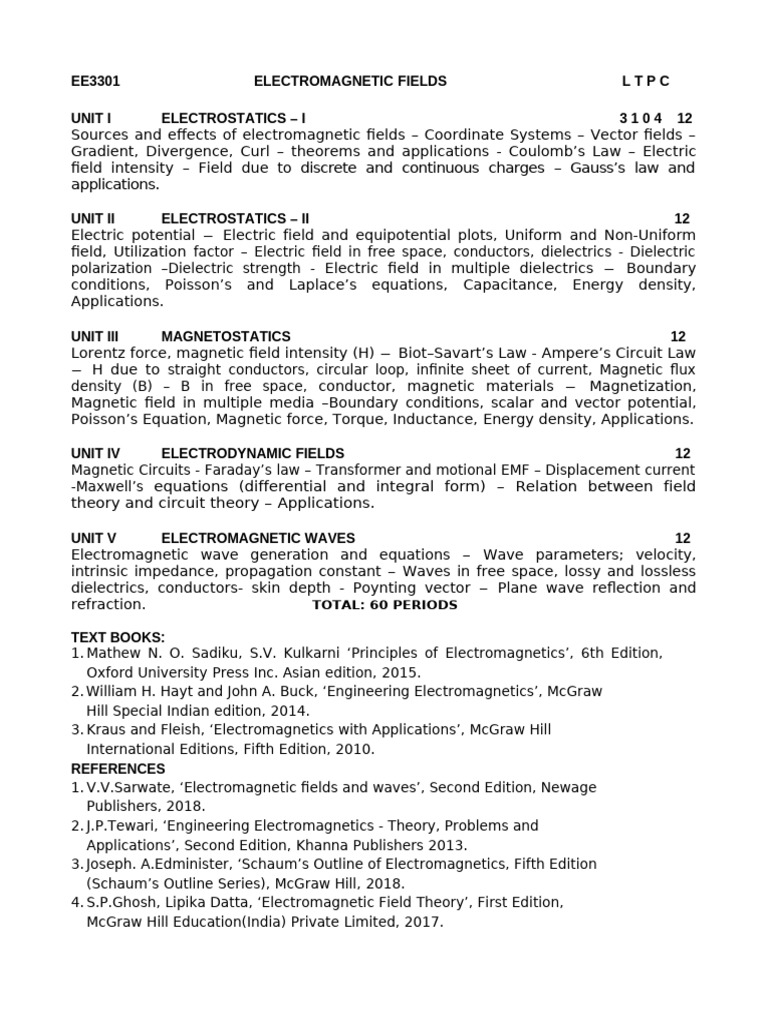EMT Syllabus | PDF | Magnetic Field | Electromagnetic Field