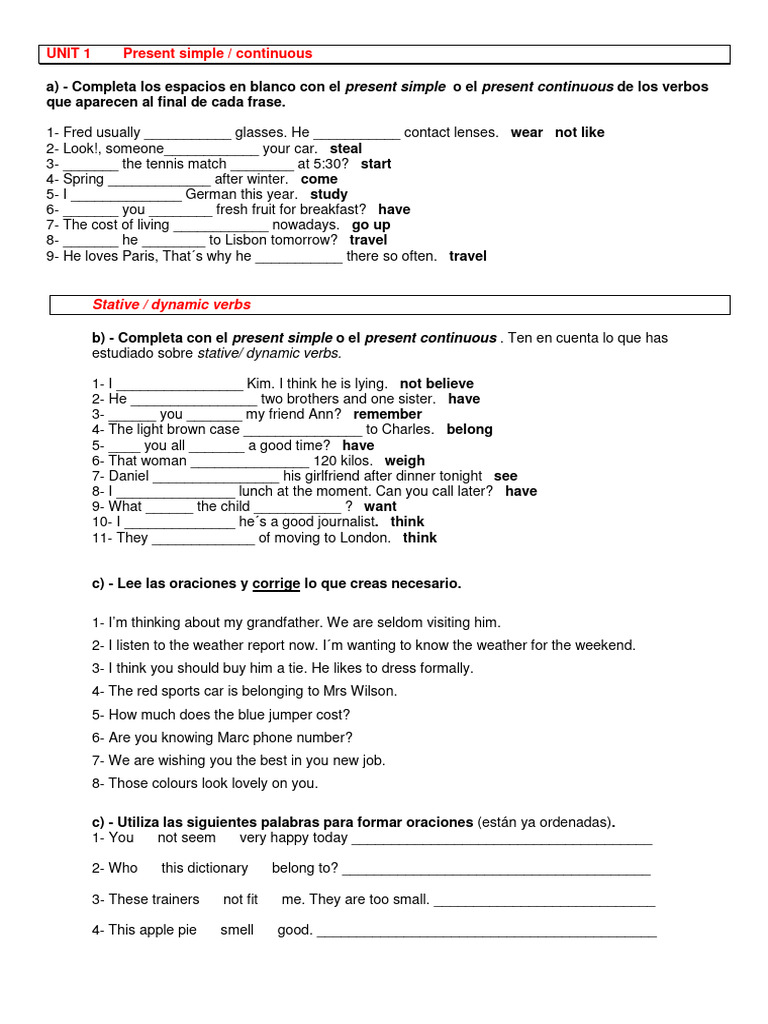 Present simple-cont. EJERC. | PDF