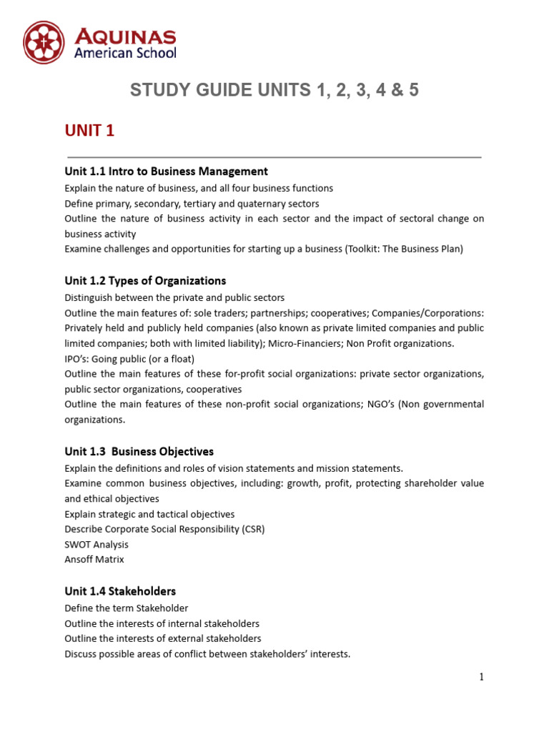 Study guide Units 1, 2, 3, 4 & 5 (Final - IB2 HL) | PDF | Cost Of ...