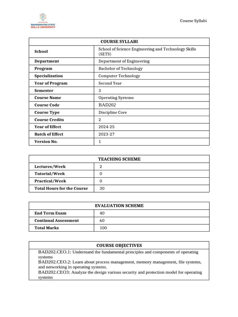 BTECH - CT - SEM - 3 Operating Systems | PDF | Operating System | Thread (Computing)