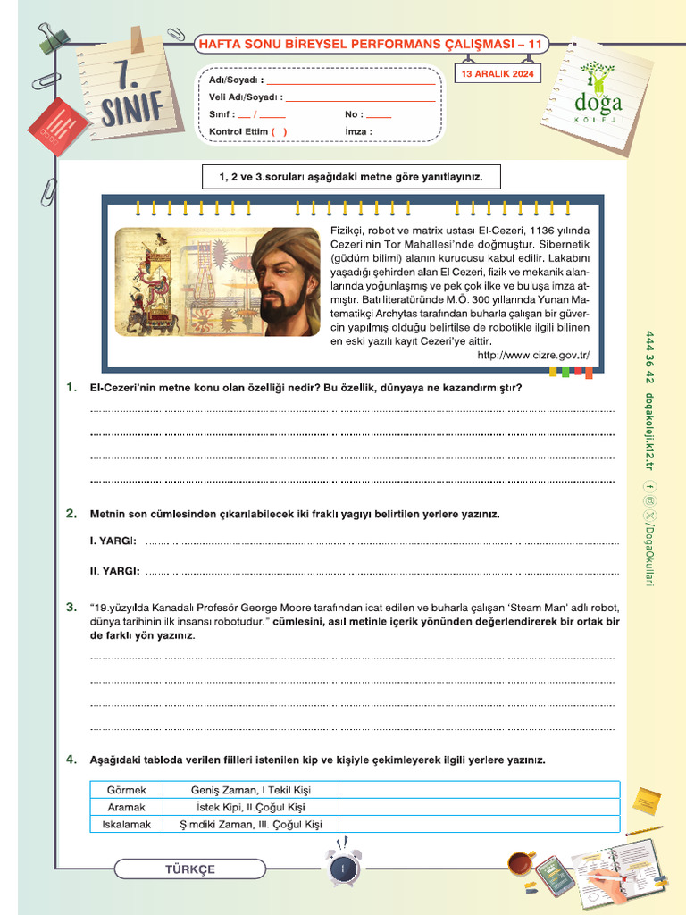 24 7 Sinif Hafta Sonu Odev 11 Baski-1 | PDF