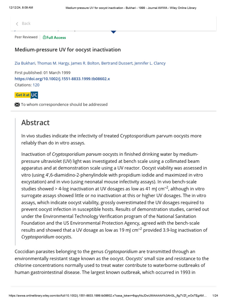Medium-Pressure UV For Oocyst Inactivation - Bukhari - 1999 | PDF ...