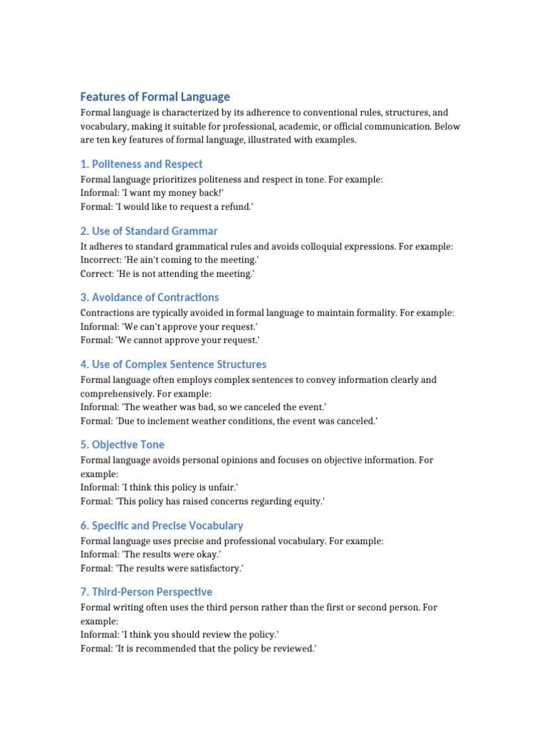 Features of Formal Language | PDF | Idiom | Communication