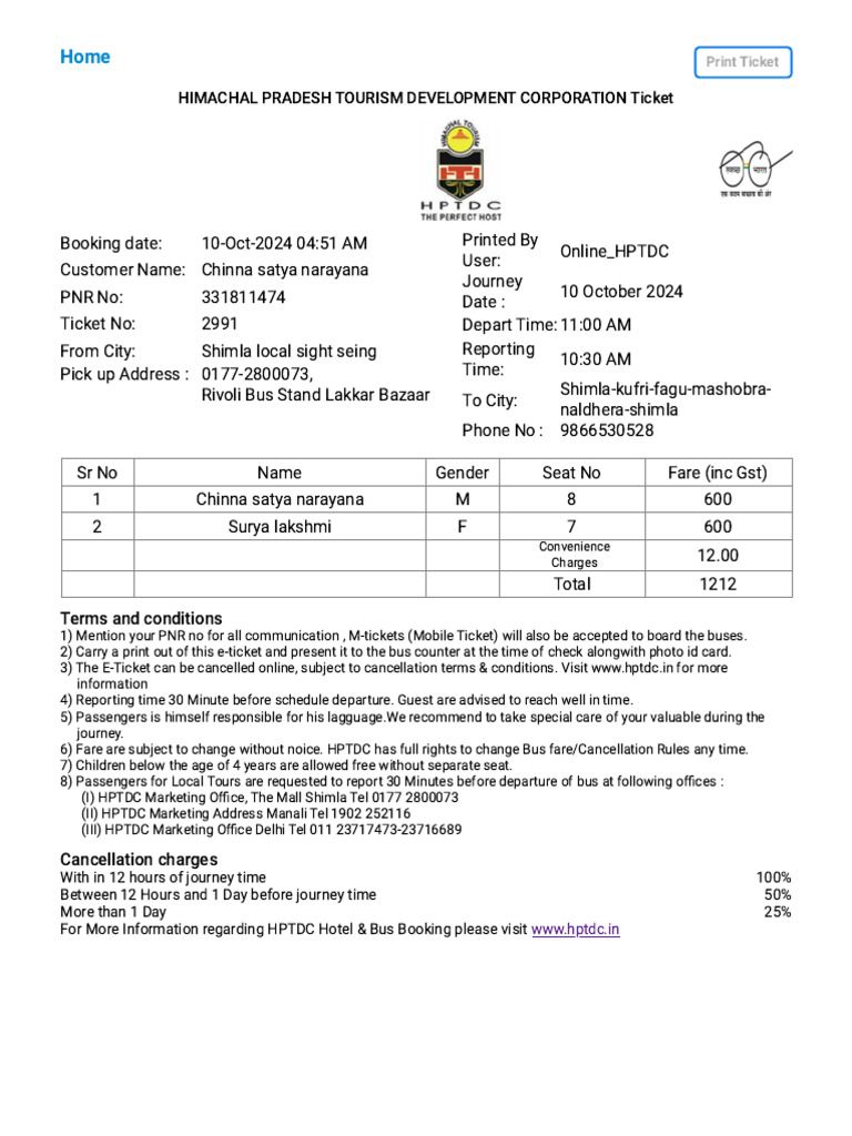 Himachal Tourism (HPTDC) - Ticket | PDF | Bus | Bus Transport