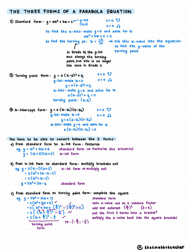 Grade 11 Functions - The three forms of a parabola equation | PDF