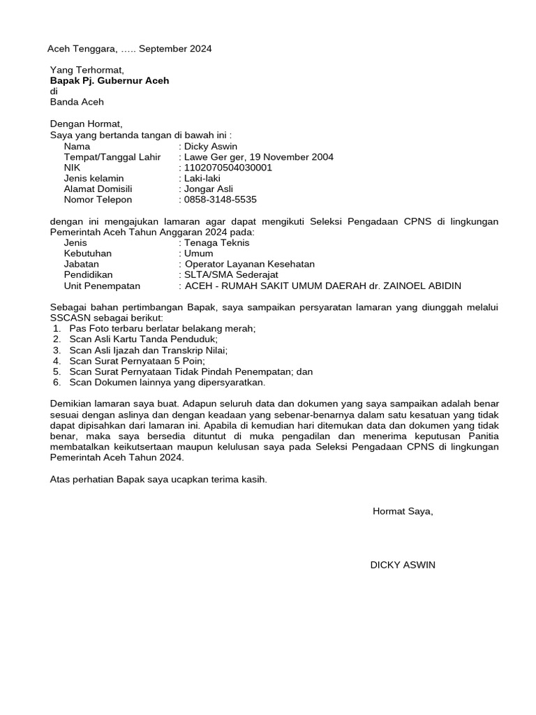 Format Surat Lamaran Aswin | PDF