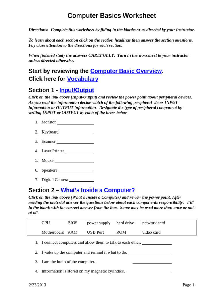 Computer Basics Worksheet | PDF | Computer Data Storage | Operating System