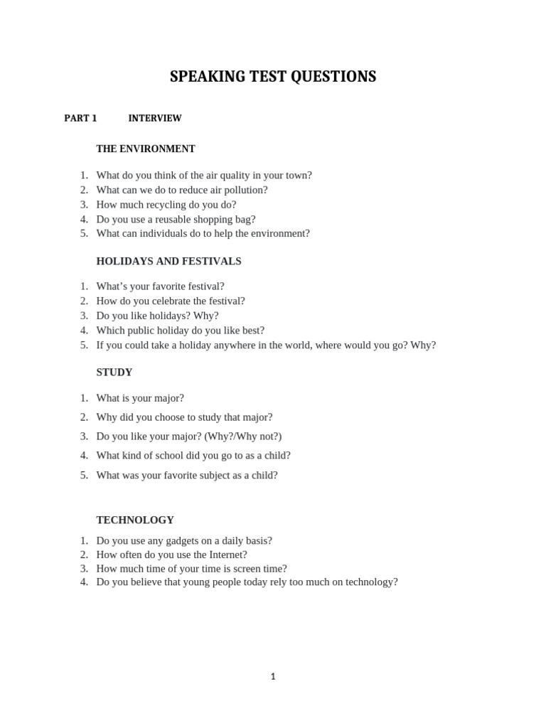 Speaking Test Questions | PDF