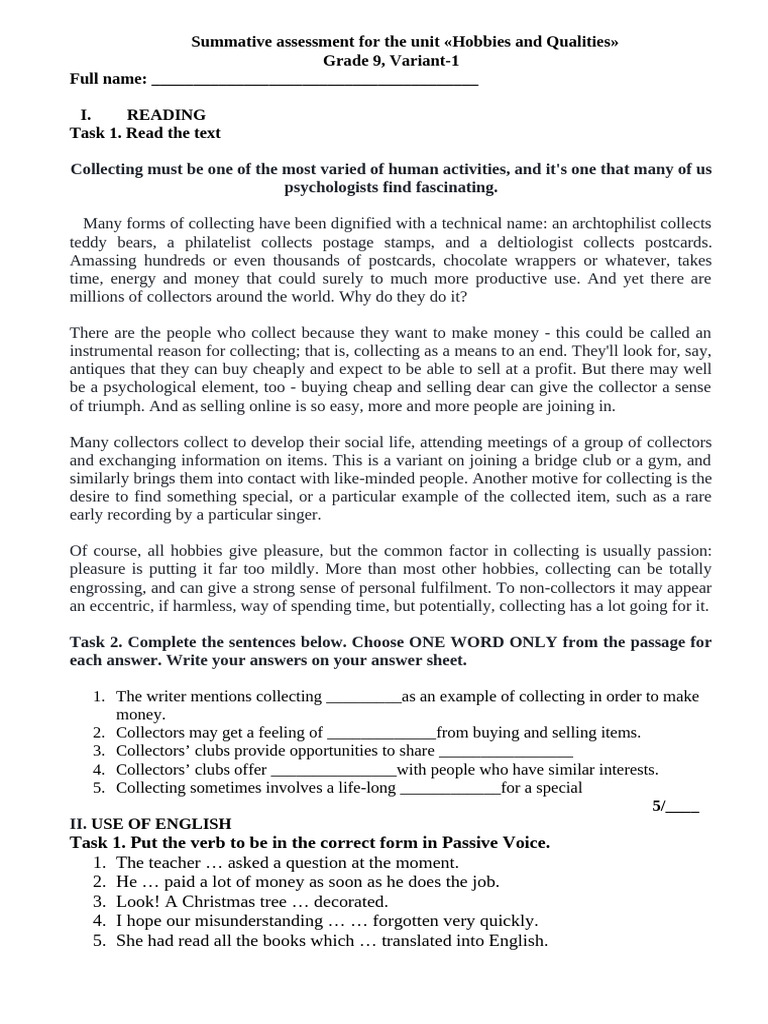 Grade 9 Hobbies and Qualities Assessment | PDF | Cognitive Science