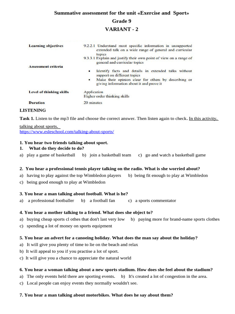 Sor 2 - 9 GR - Var - 2 - Learner - Term - 1 | PDF | Sports | Hobbies