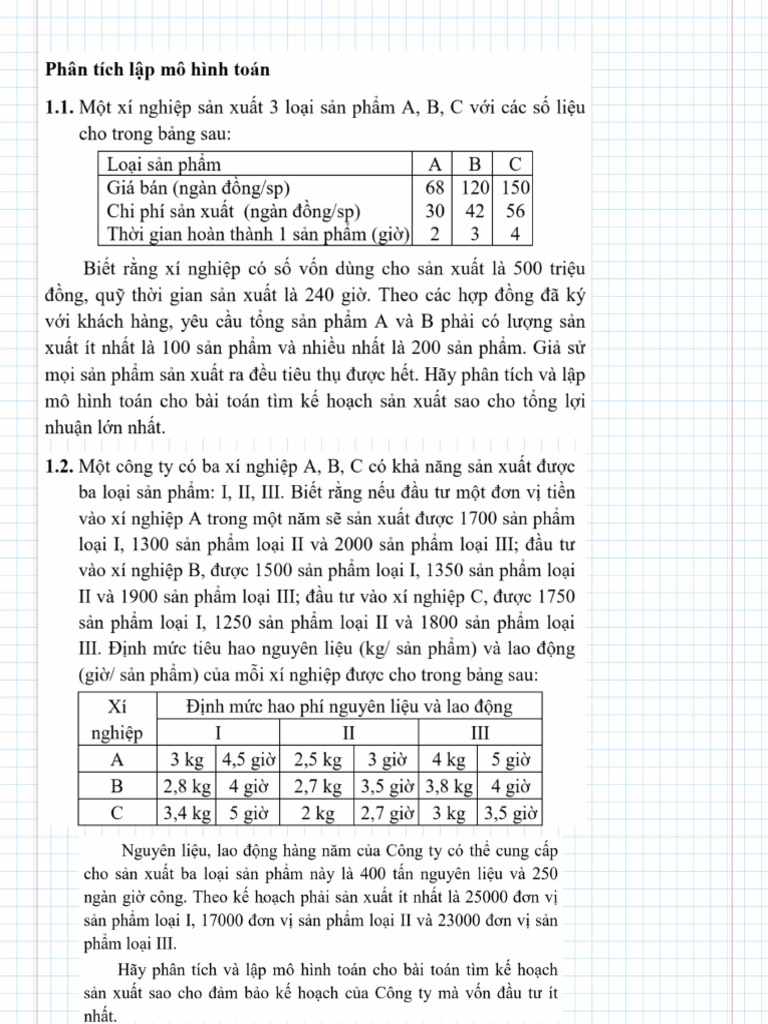 Bài tập lập mô hình bài toán QHTT | PDF