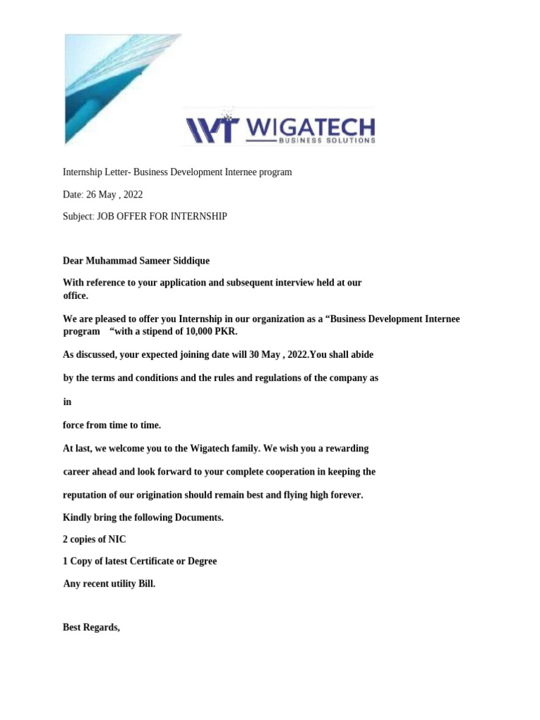 Offer Letter Sameer Siddique Wigatech | PDF