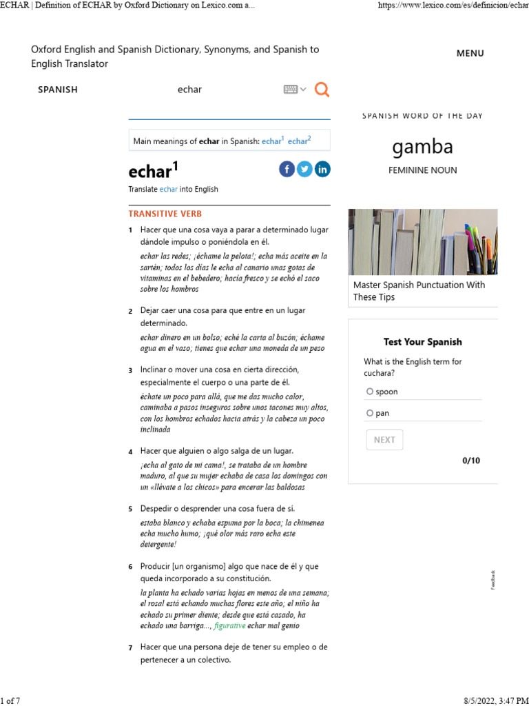 Definición de "echar" en Lexico.com | PDF