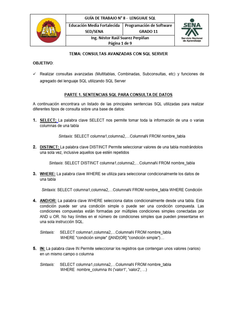 Guia8-Consultas Avanzadas (SQL Server) | PDF | SQL | Software de ...