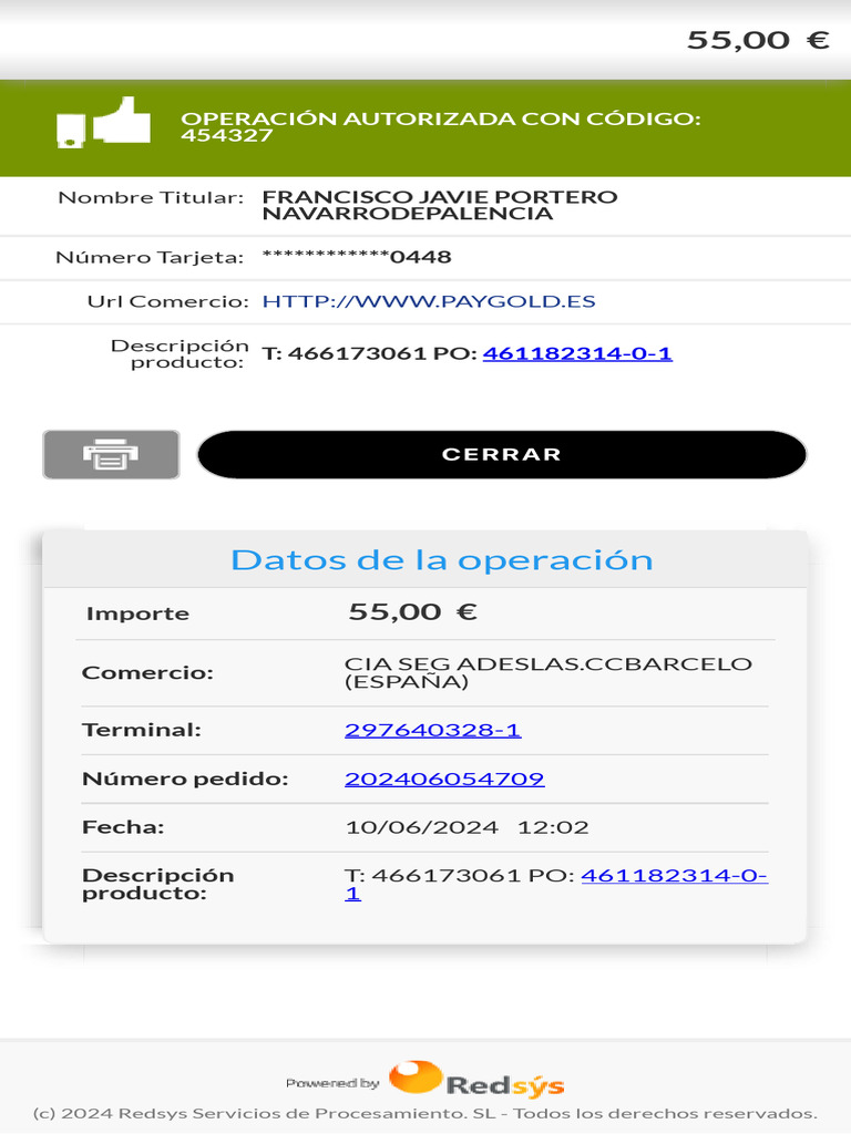 Ticket de Pago Redsys | PDF