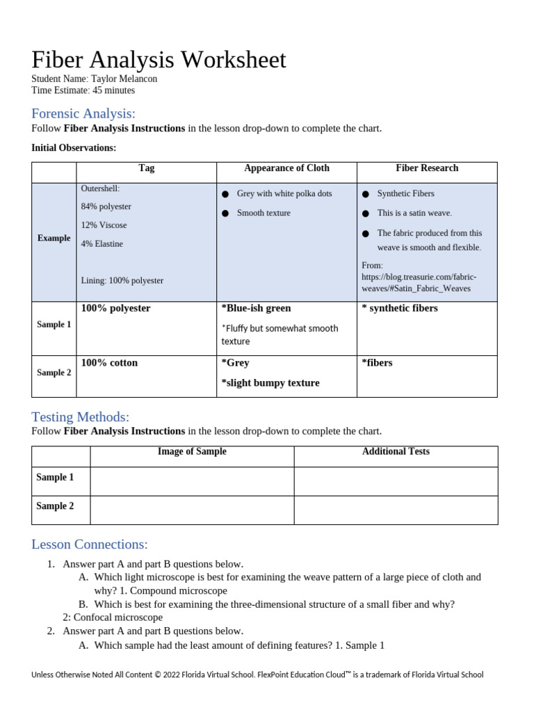 fiber_evidence_worksheet | PDF | Textiles | Fibers
