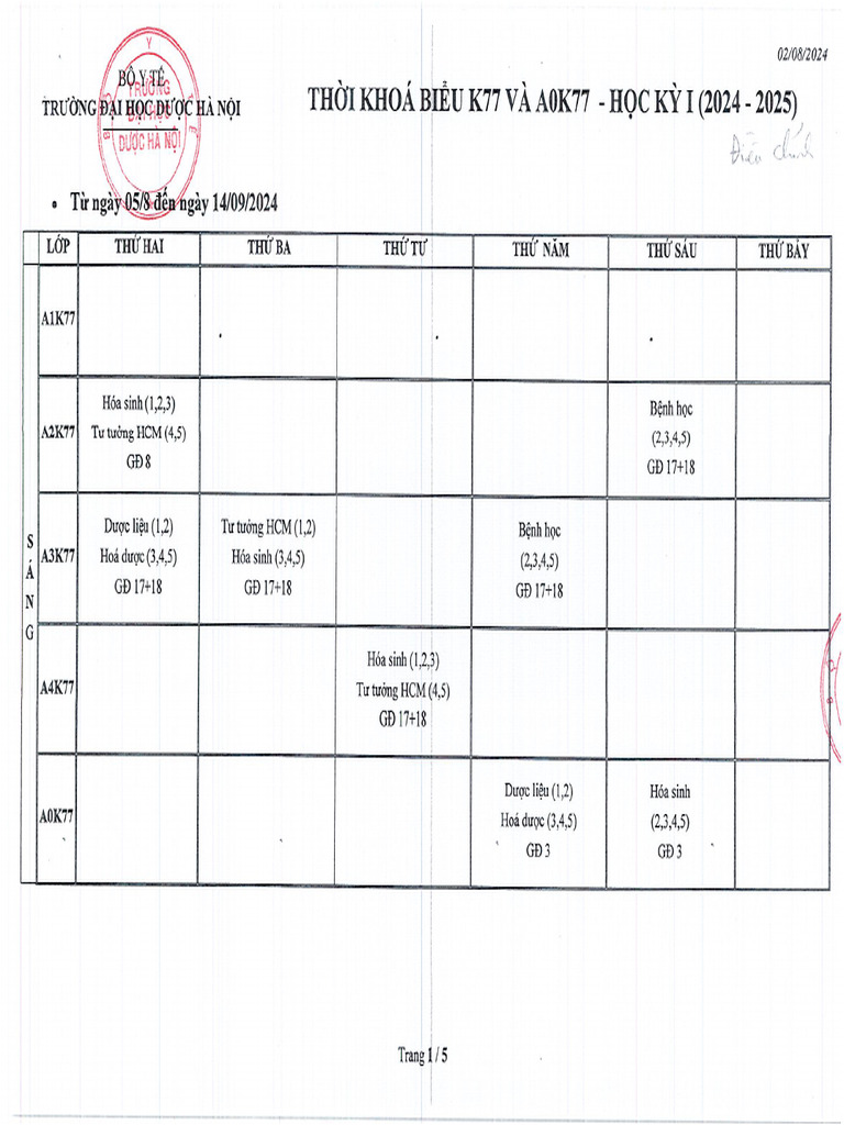 TKB K77 Và A0K77 - HKI - Năm Học 2024-2025 (Điều Chỉnh) | PDF