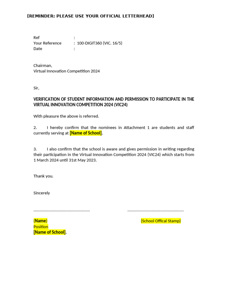 School Authorization for VIC 2024 Participation | PDF