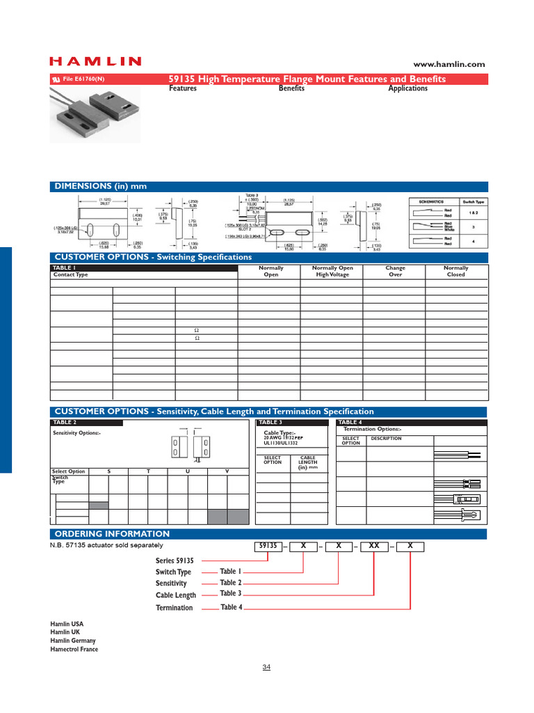 Sensor 59135-030 Hamlin | PDF | Switch | Manufactured Goods