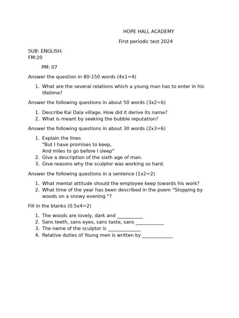 Hope Hall Academy English Test 2024 | PDF