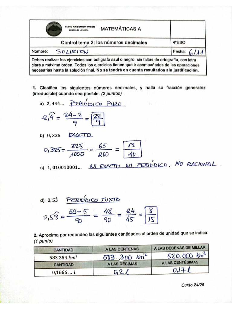 Solución Control Tema 2 - Los Números Decimales | PDF