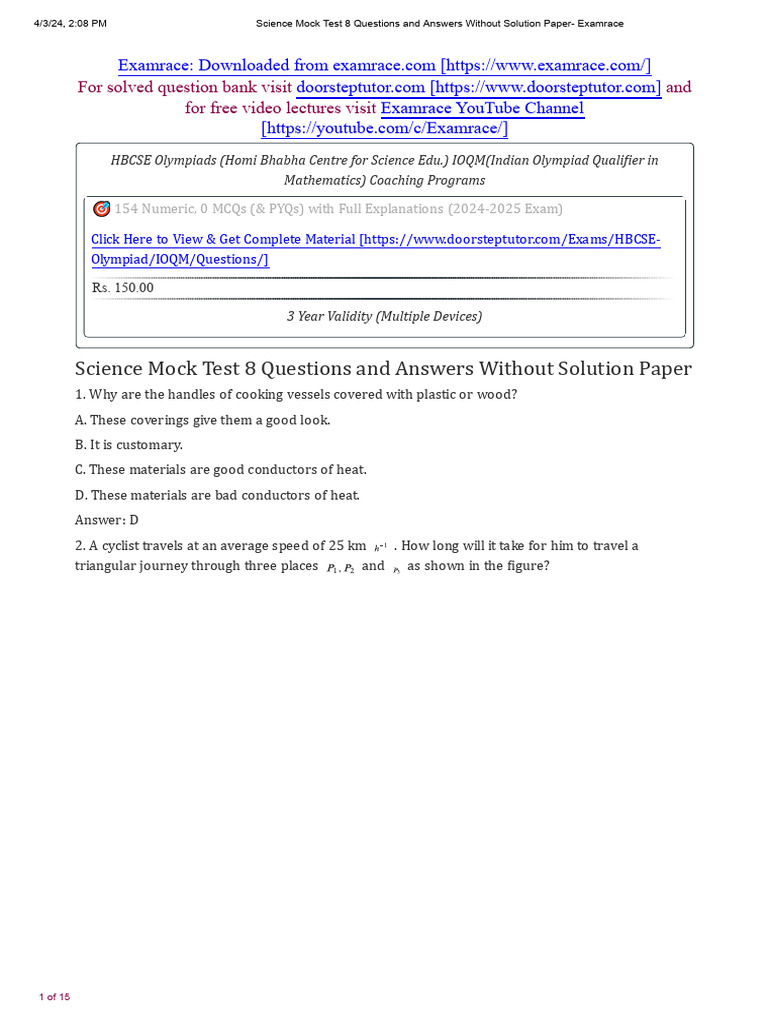 Science Mock Test: 8 Q&A Overview | PDF | Water | Plants