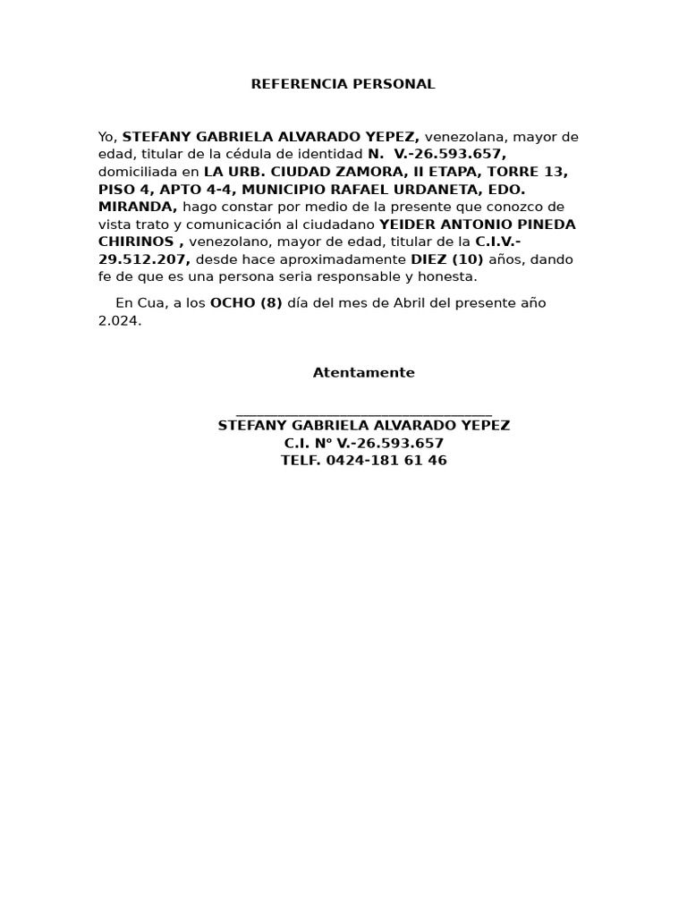 Referencia Personal Stefany | PDF