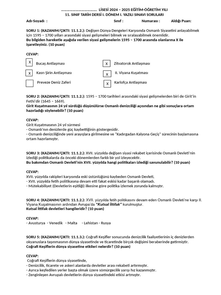 11 Tarih I. Donem I. Yazili Cevap Anahtari | PDF