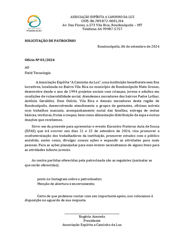 Solicitação de Patrocínio para Evento Espírita | PDF