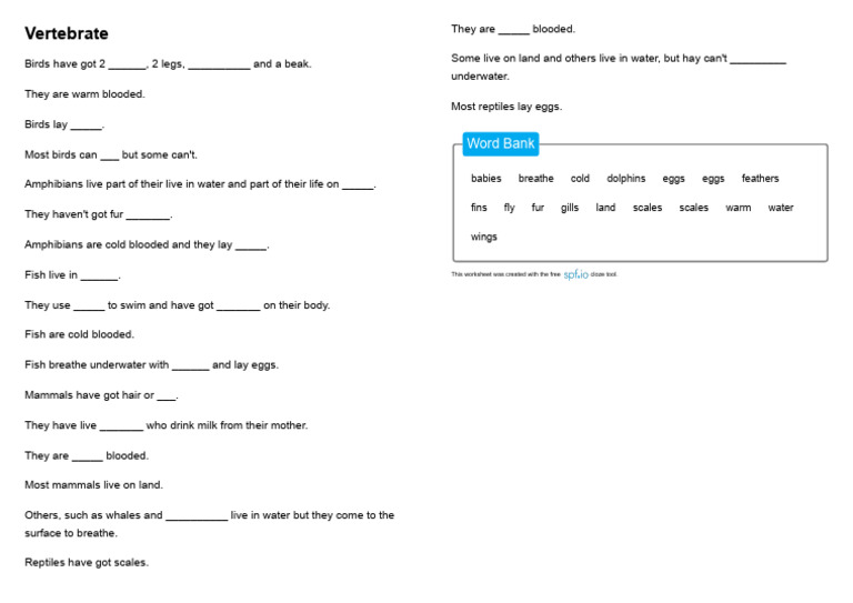 Vertebrate Classification Worksheet | PDF