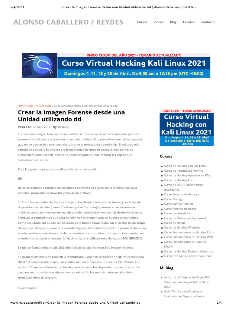 Crear La Imagen Forense Desde Una Unidad Utilizando DD - Alonso Caballero - ReYDeS | PDF ...