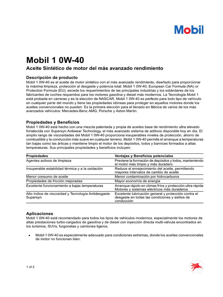 Mobil 1 0W40 | PDF | Exxon Mobil | Motor diesel