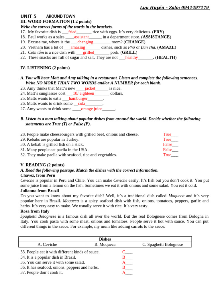 UNIT 5 - AROUND TOWN - TL - KEYS - 2021 | PDF | Kebab | Menu