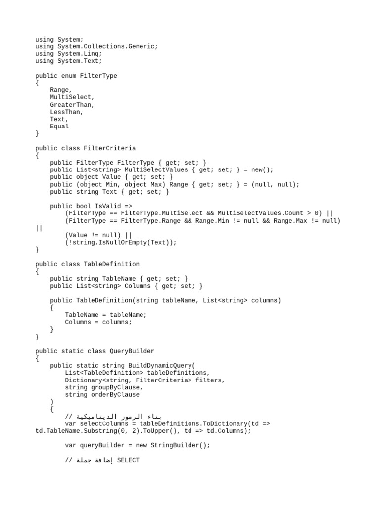 Dynamic SQL Query Builder in C# | PDF | String (Computer Science ...