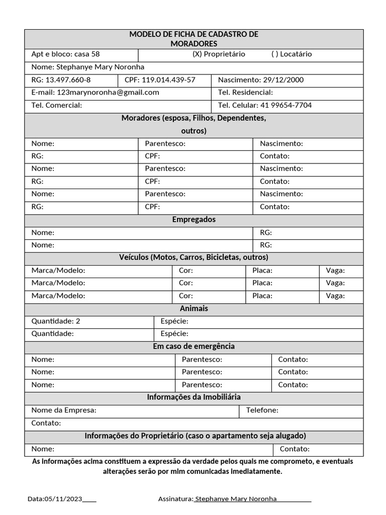 MODELO DE FICHA DE CADASTRO DE MORADORES DE CONDOMÍNIO | PDF